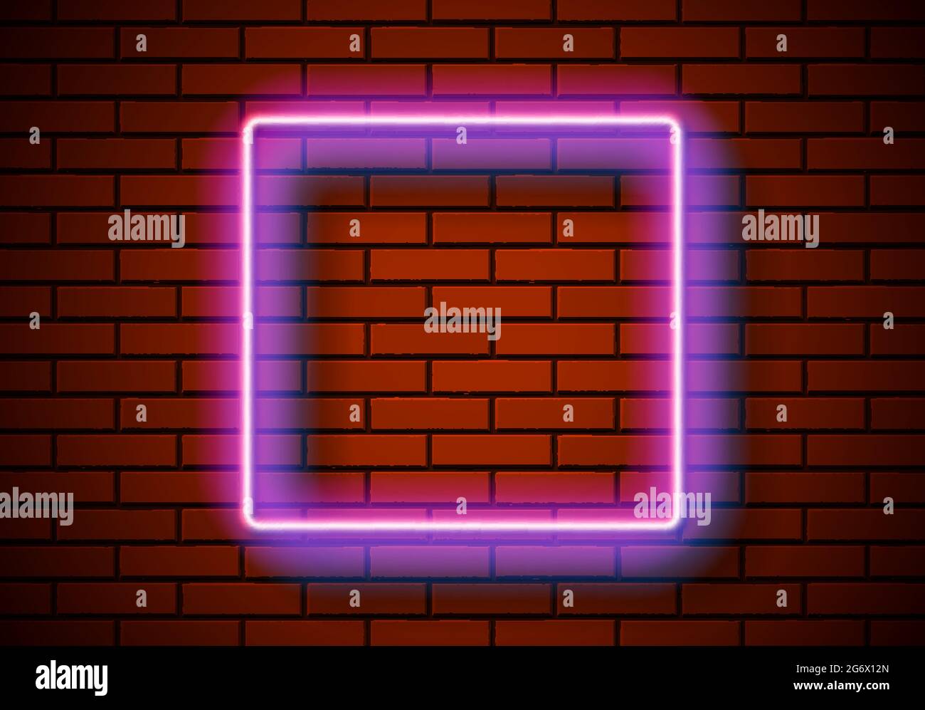 Neon frame with square shape on the red brick wall. Classic rectangular ...
