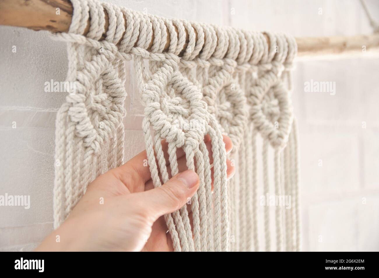 Boho wall mural made of natural color cotton threads using macrame ...