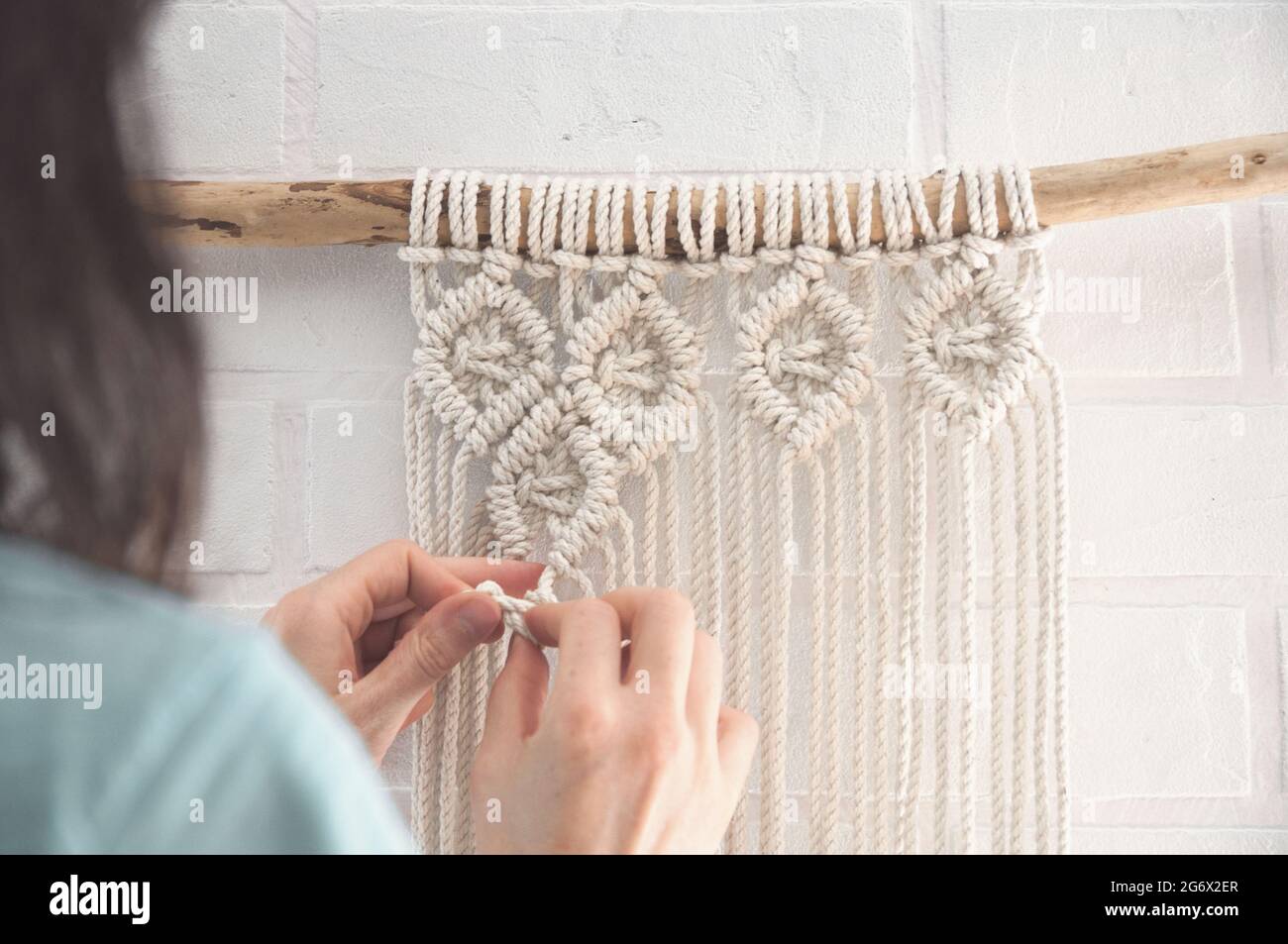 Boho wall mural made of natural color cotton threads using macrame ...