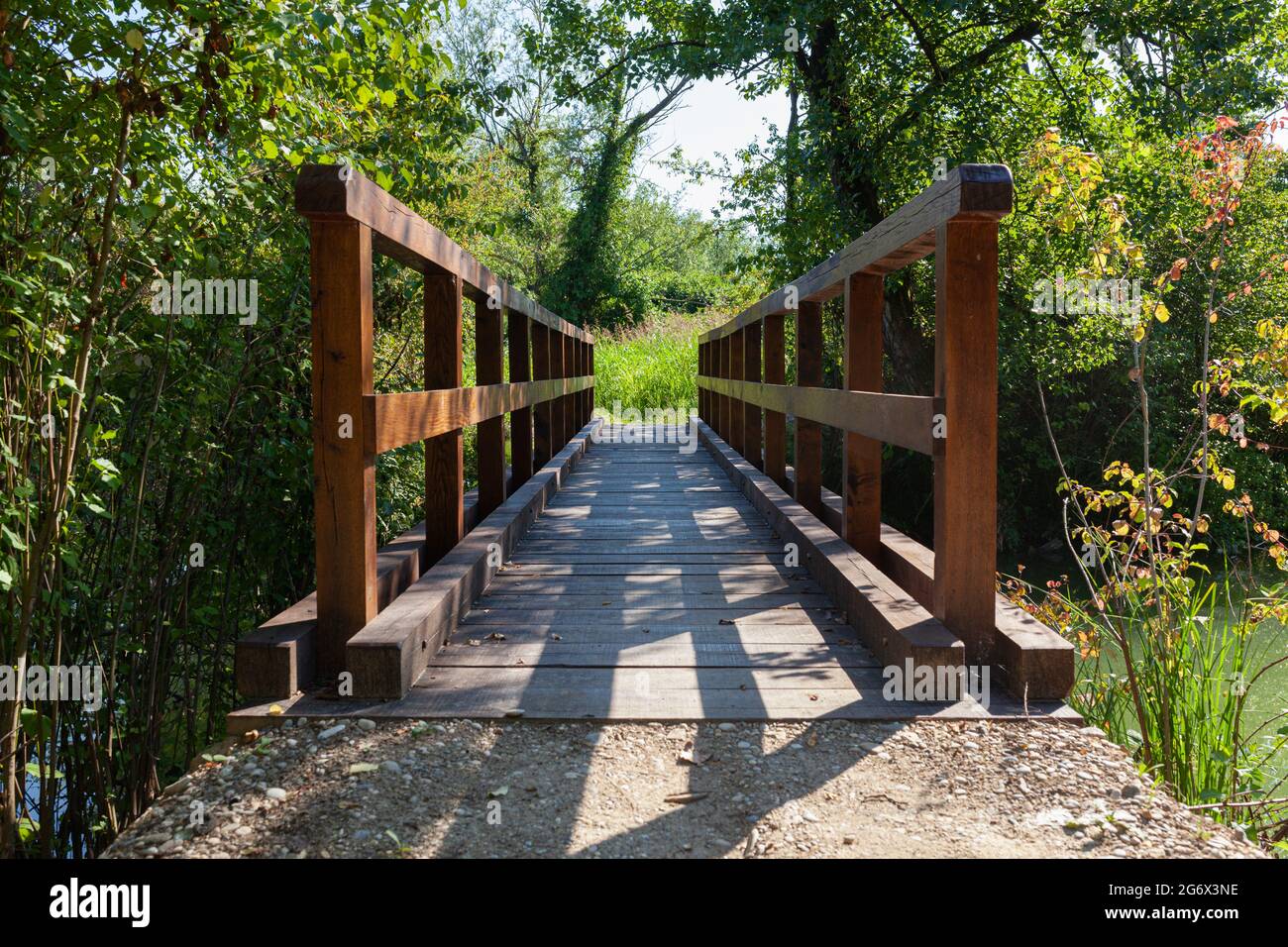 Small wooden bridge with wooden railing across the lake surrounded with ...