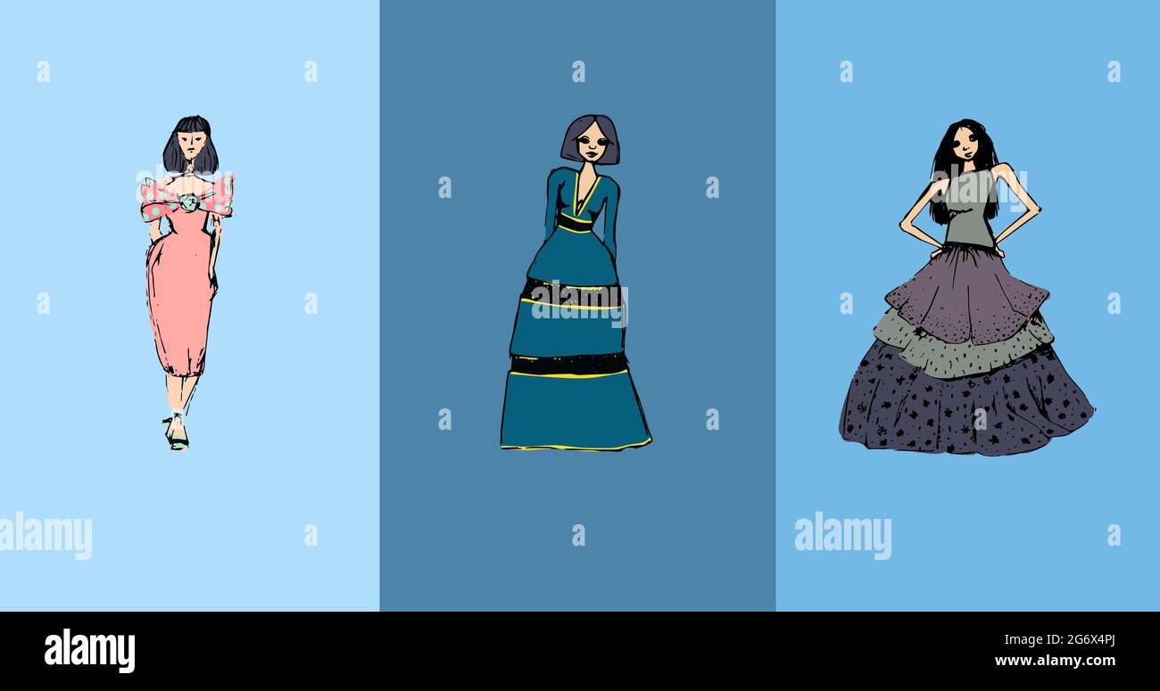 Composition of three fashion models in dresses over three shades of ...