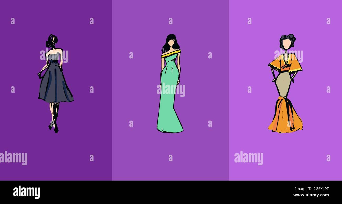 Composition of three fashion models in dresses over three shades of ...