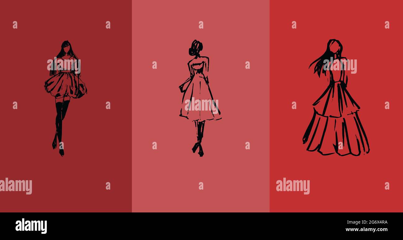 Composition of three fashion models in dresses over three shades of red ...