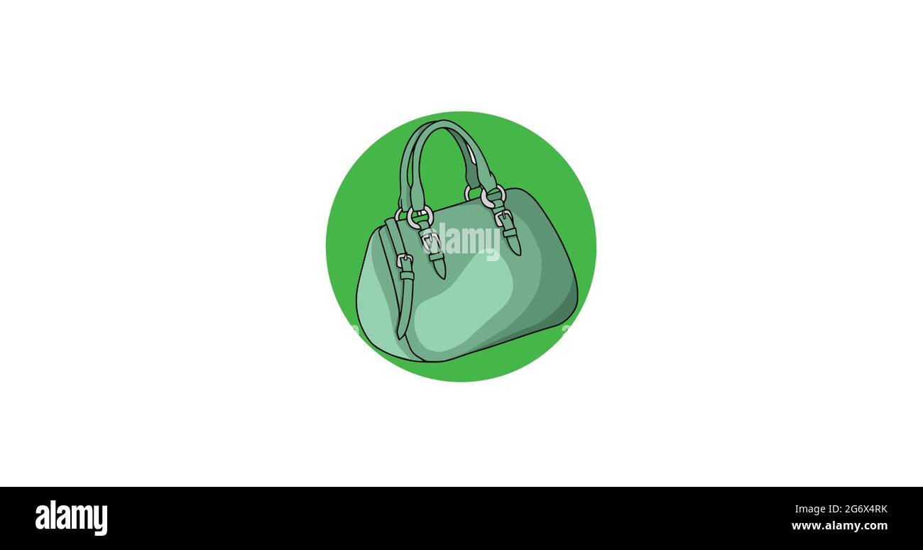 Composition of green handbag in green circle, on white background Stock ...