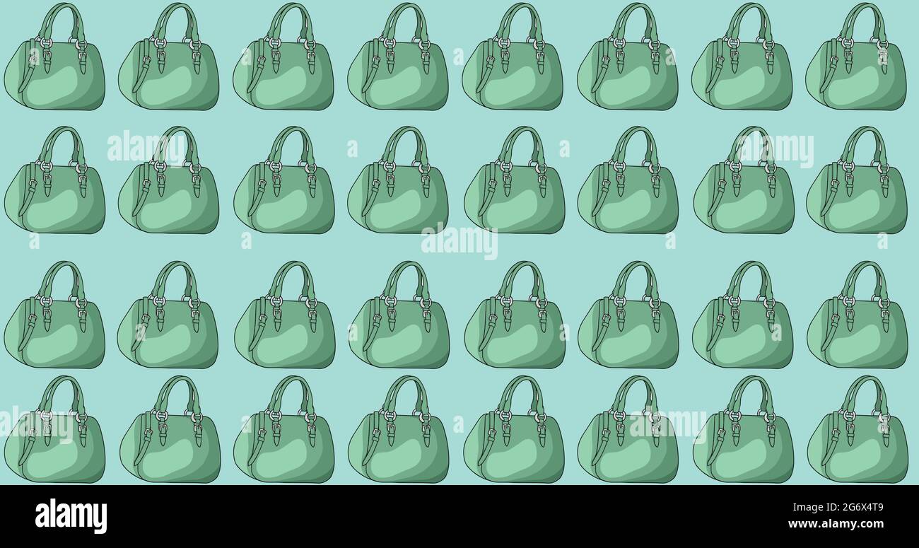 Composition of green handbags repeated in rows, on blue background ...