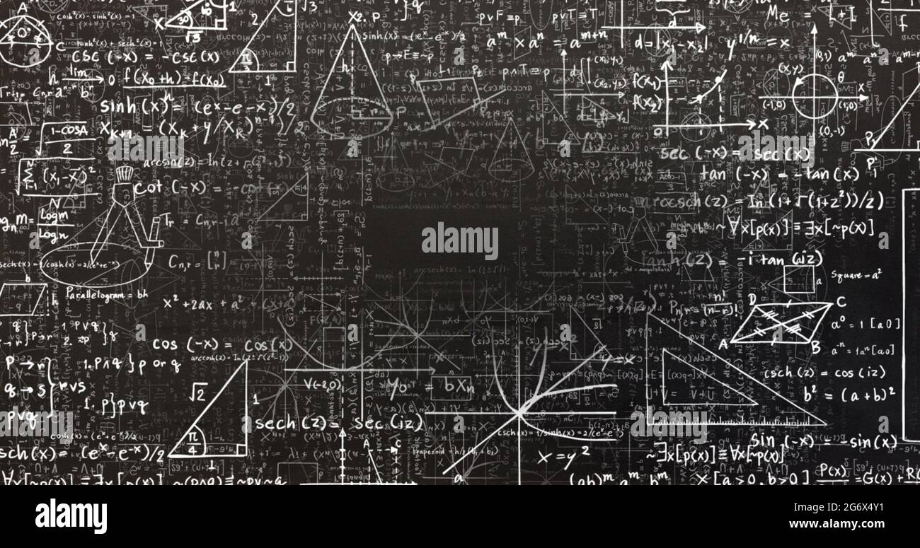 Digital image of mathematical equations and diagrams moving against ...