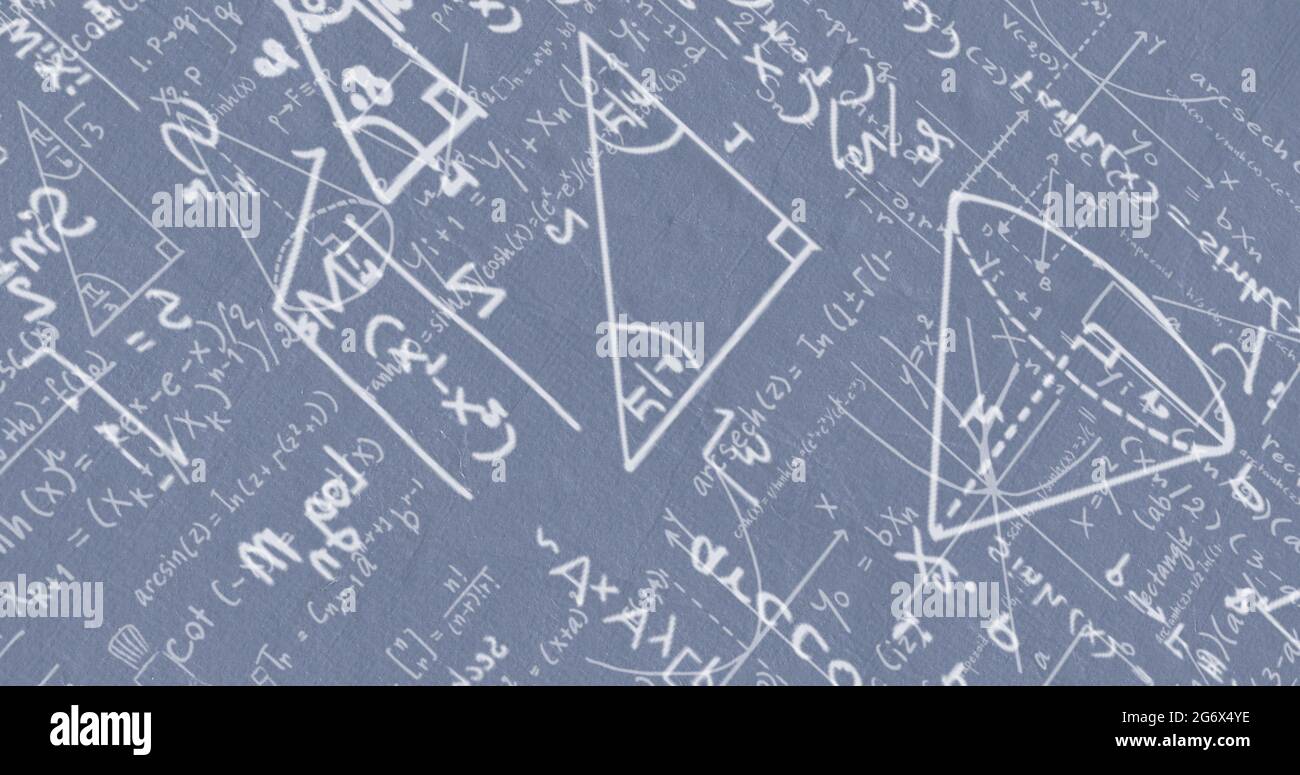 Image of white mathematical formulae and geometric drawings on grey ...
