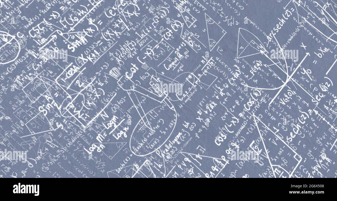 Image of white mathematical formulae and geometric drawings on grey ...