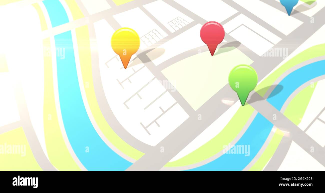 Image of location pins over flashing digital road map Stock Photo - Alamy