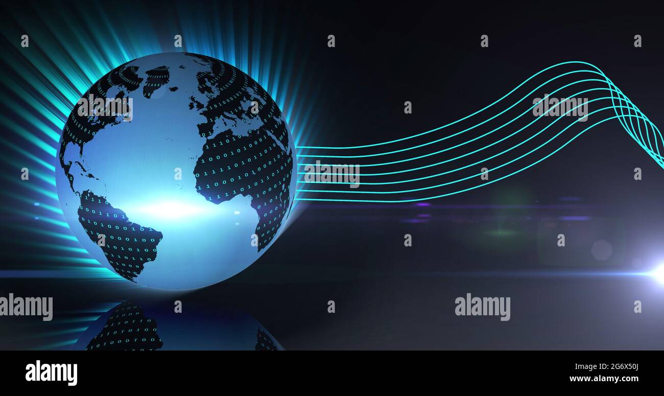 Image of glowing globe and green lines over blue background Stock Photo ...