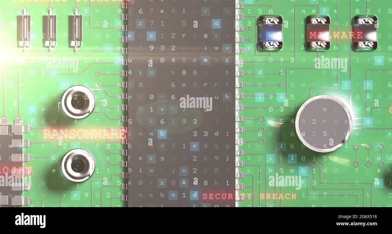 Image of virus warning over computer circuit board and binary coding on ...