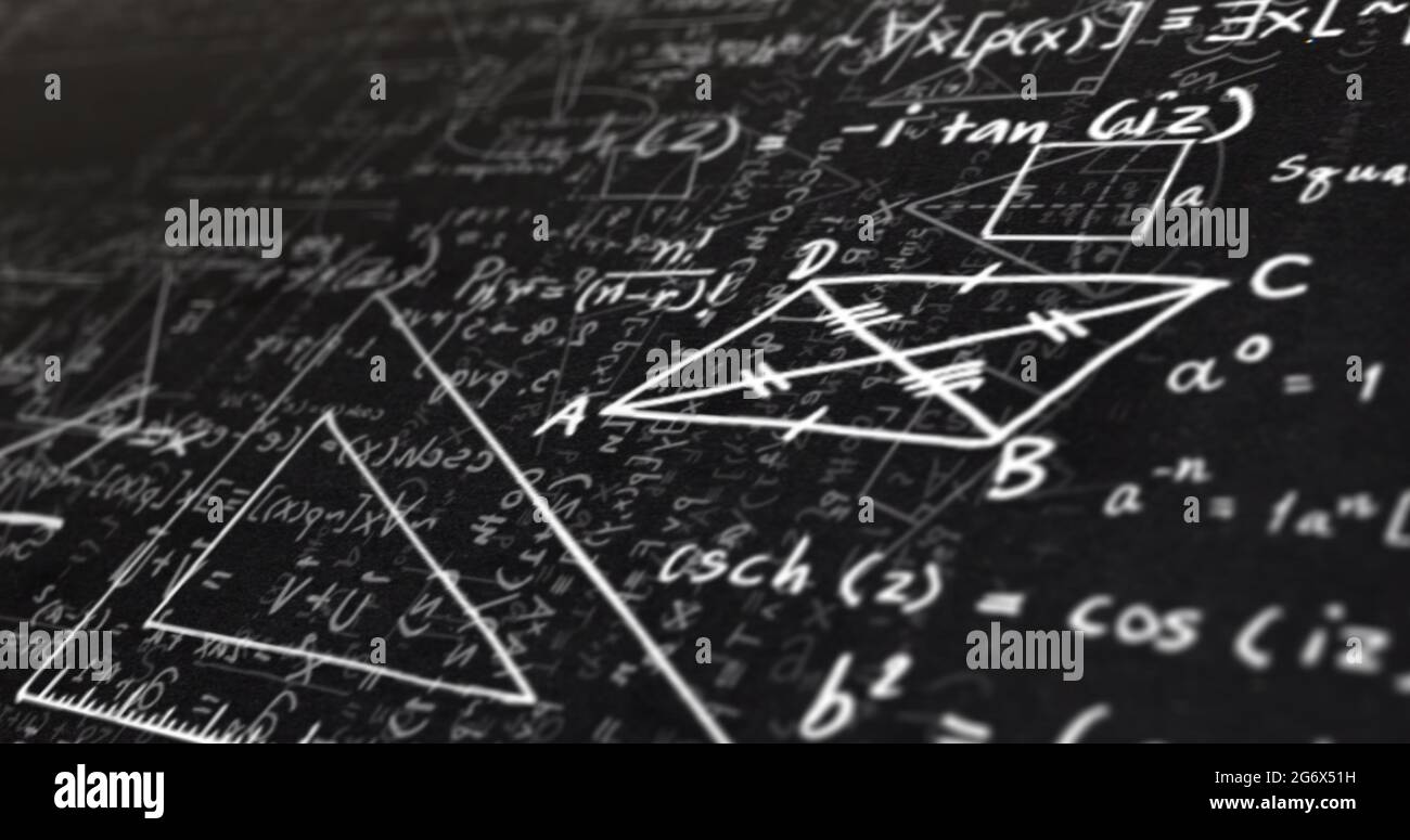 Digital image of mathematical equations and diagrams moving against ...