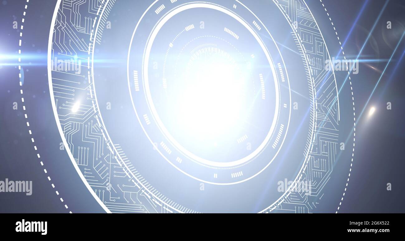 Image of spinning circles with glowing circuit board over glowing ...