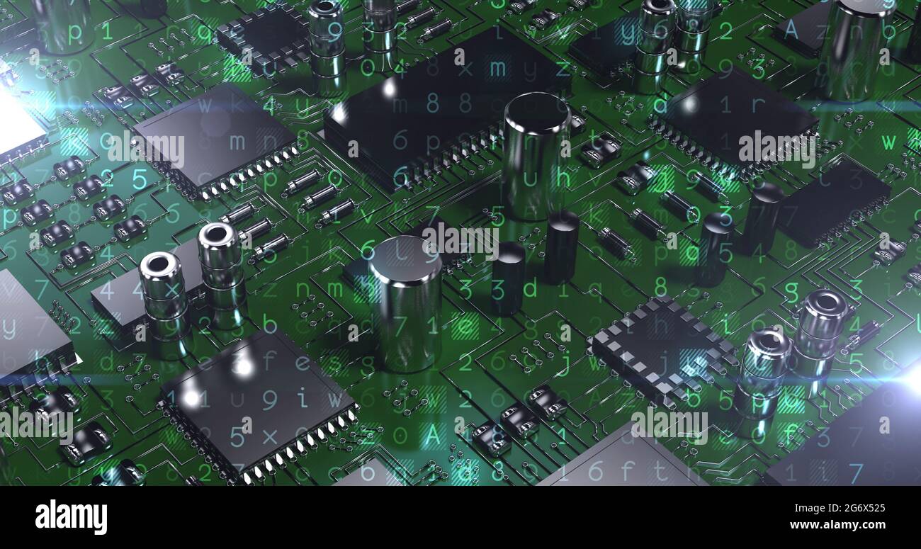 Image of computer circuit board elements and binary coding over green ...