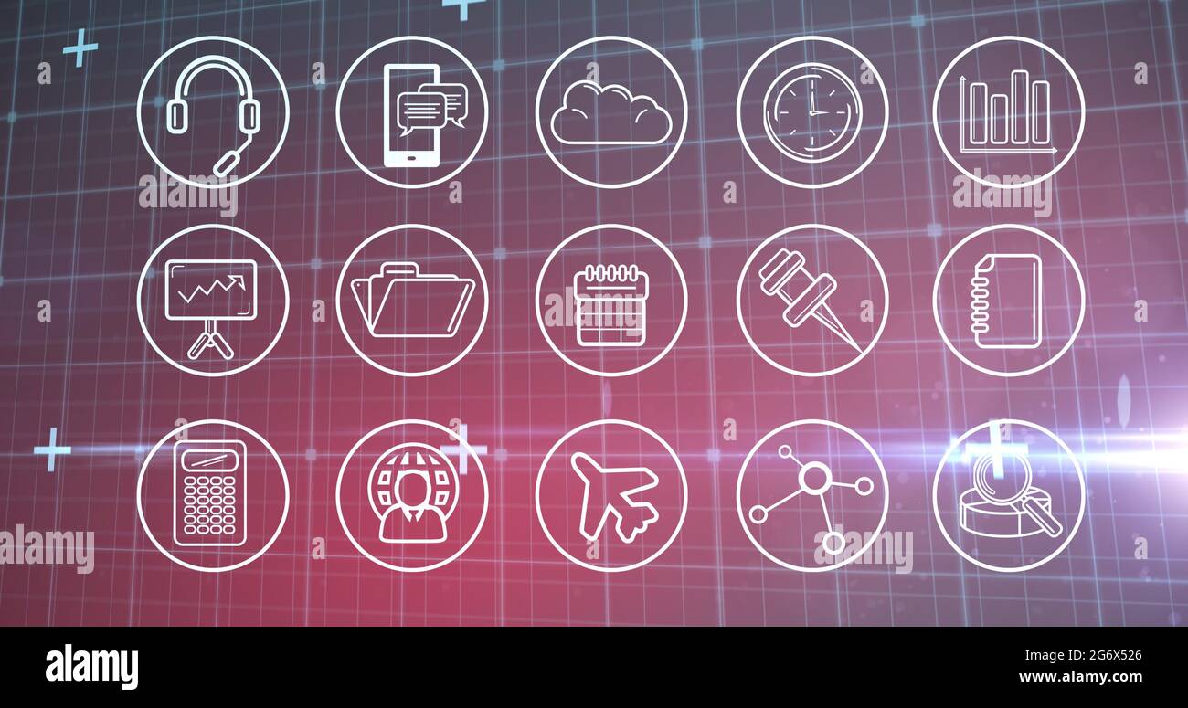 Image of multiple digital icons over grid Stock Photo - Alamy