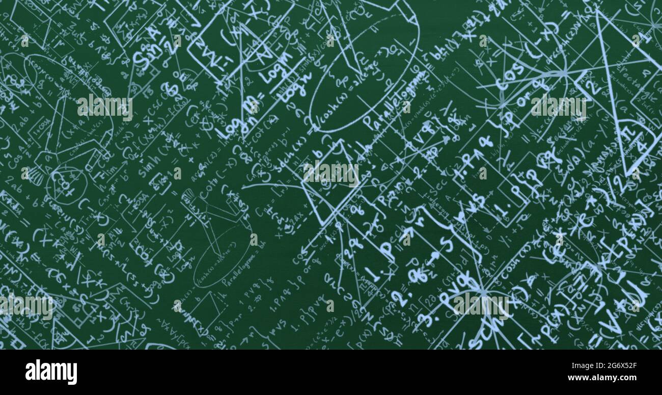 Image of blue mathematical formulae and geometric drawings on green ...