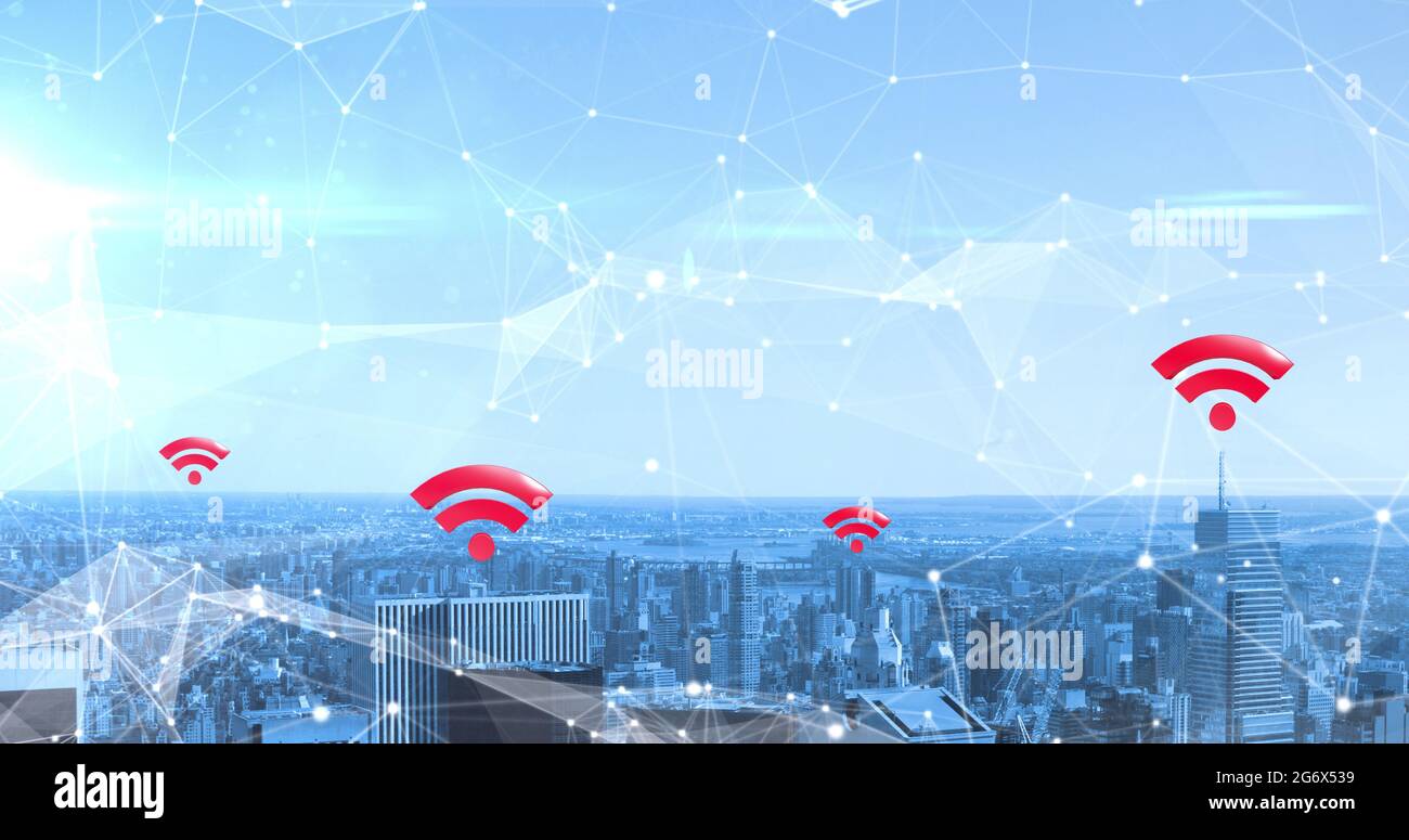 Image of multiple red wifi symbols over network of connections and ...