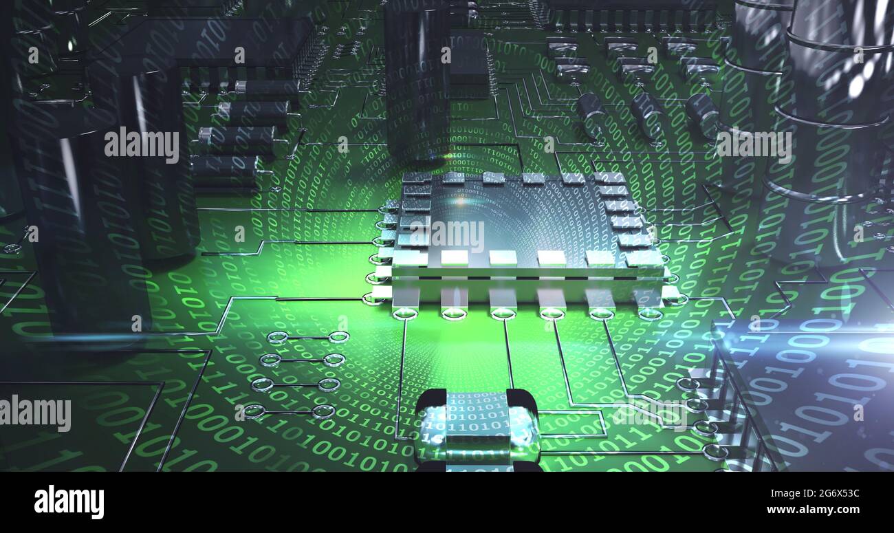 Image of computer circuit board elements and binary coding over green ...