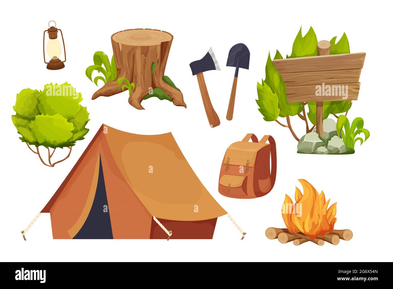 Set camping equipment campfire, tent, lantern, shovel and axe, travel ...