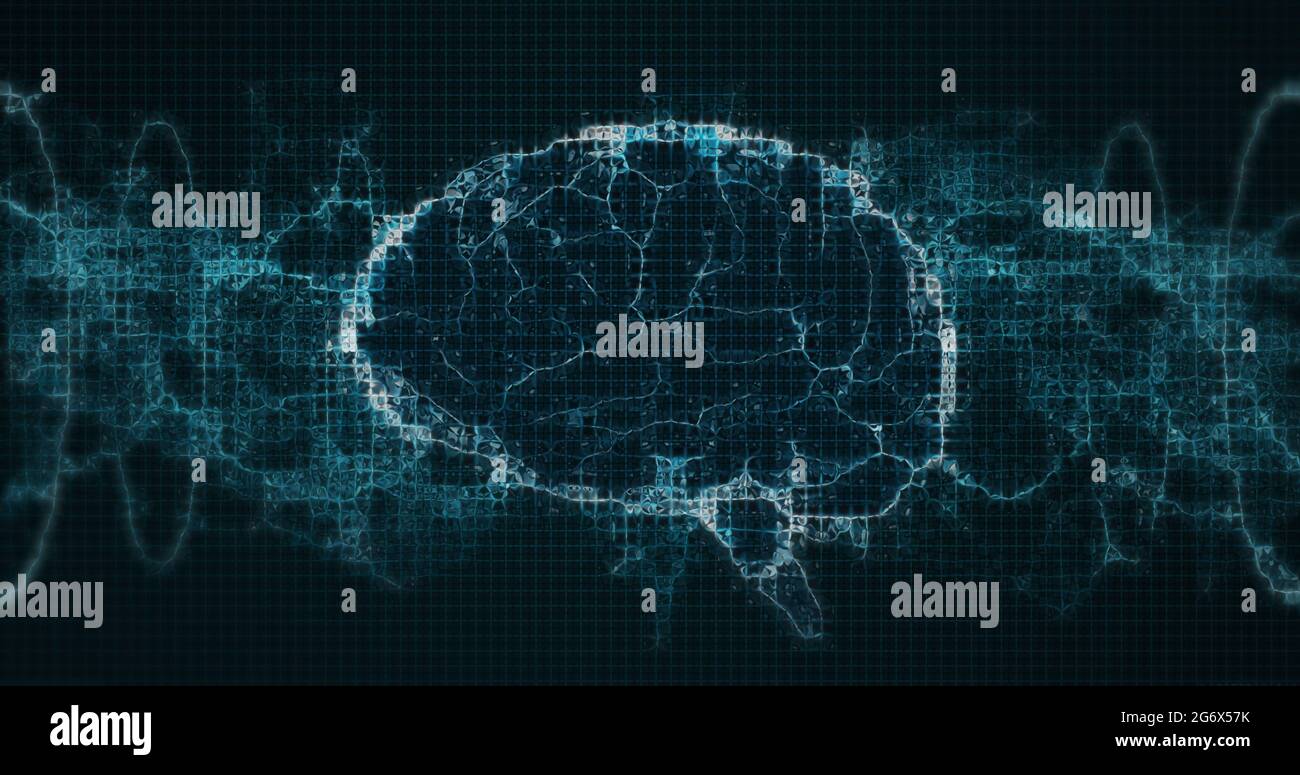 Image of a digital glowing blue 3d human brain and double helix DNA ...