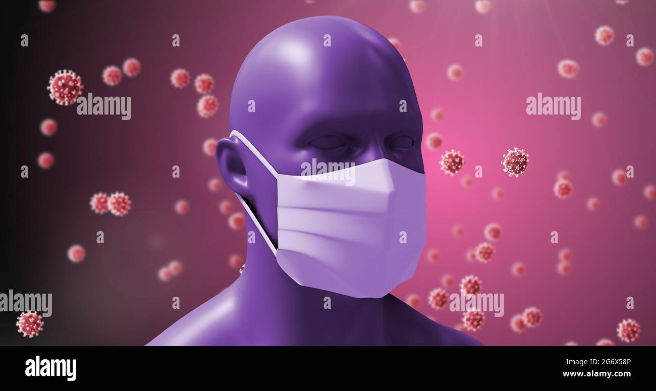 Image of macro Covid-19 cells floating around a 3D human face on a pink ...