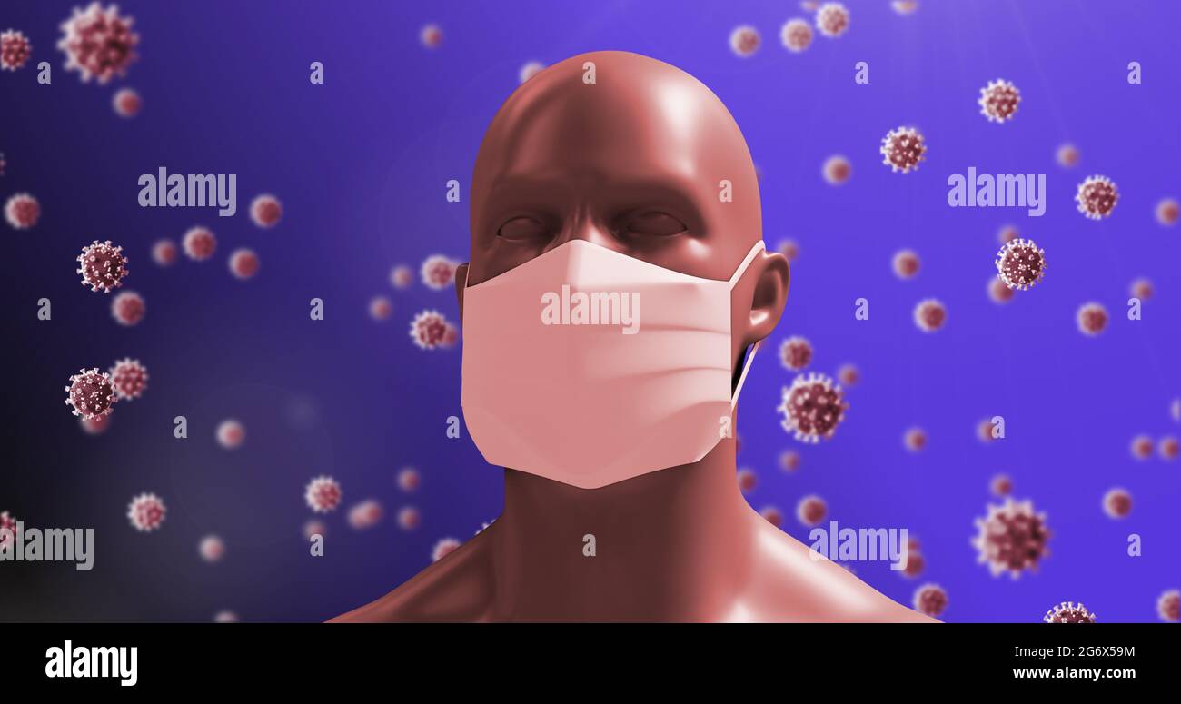 Image of macro Covid-19 cells floating around a 3D human face on a blue ...