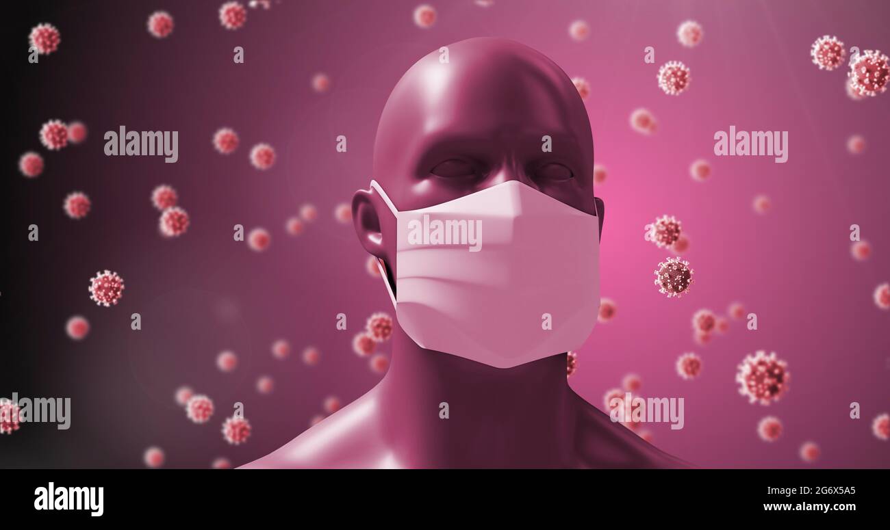 Image of macro Covid-19 cells floating around a 3D human face on a pink ...