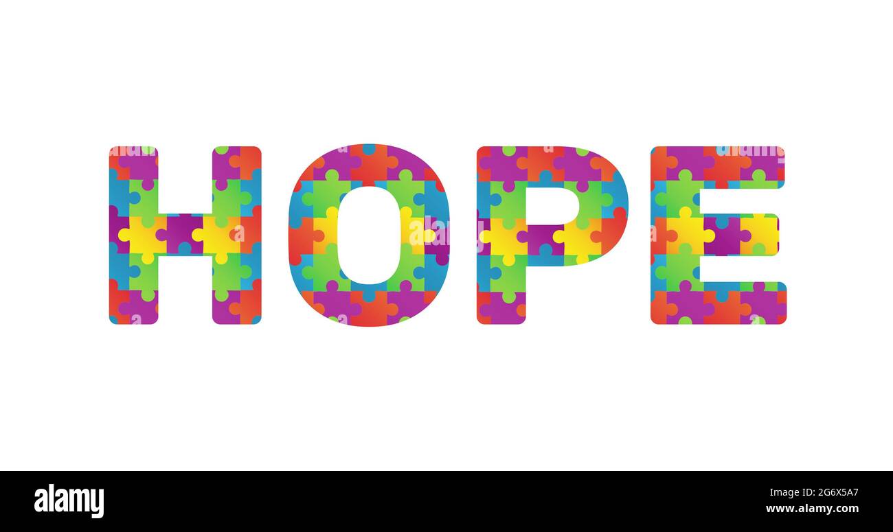 Digitally generated image of with puzzle elements forming hope text ...