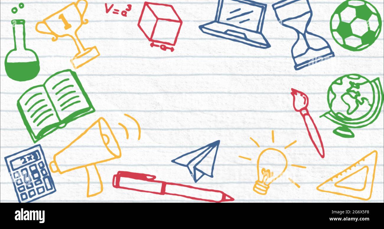 Image of multiple school colored pictograms on a white striped ...