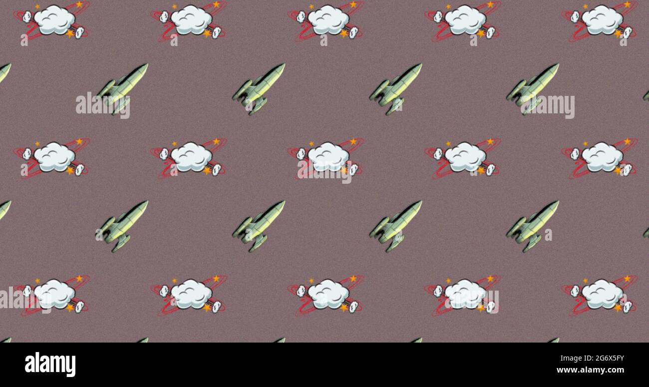 Image of multiple vintage comic cartoon space rocket and cloud icons on ...