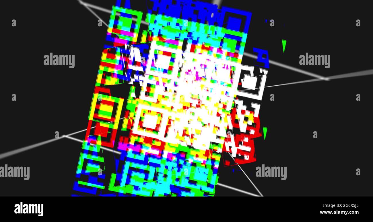 QR code scanner and spinning lines against black background Stock Photo ...
