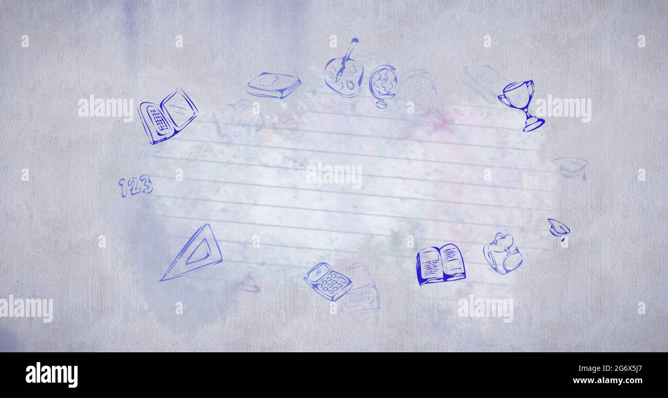 School concept icons over white lined paper against grey background ...