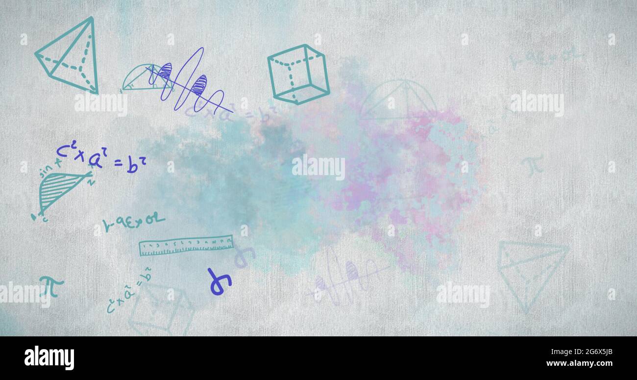Mathematical equations moving and geometrical shapes against grey ...
