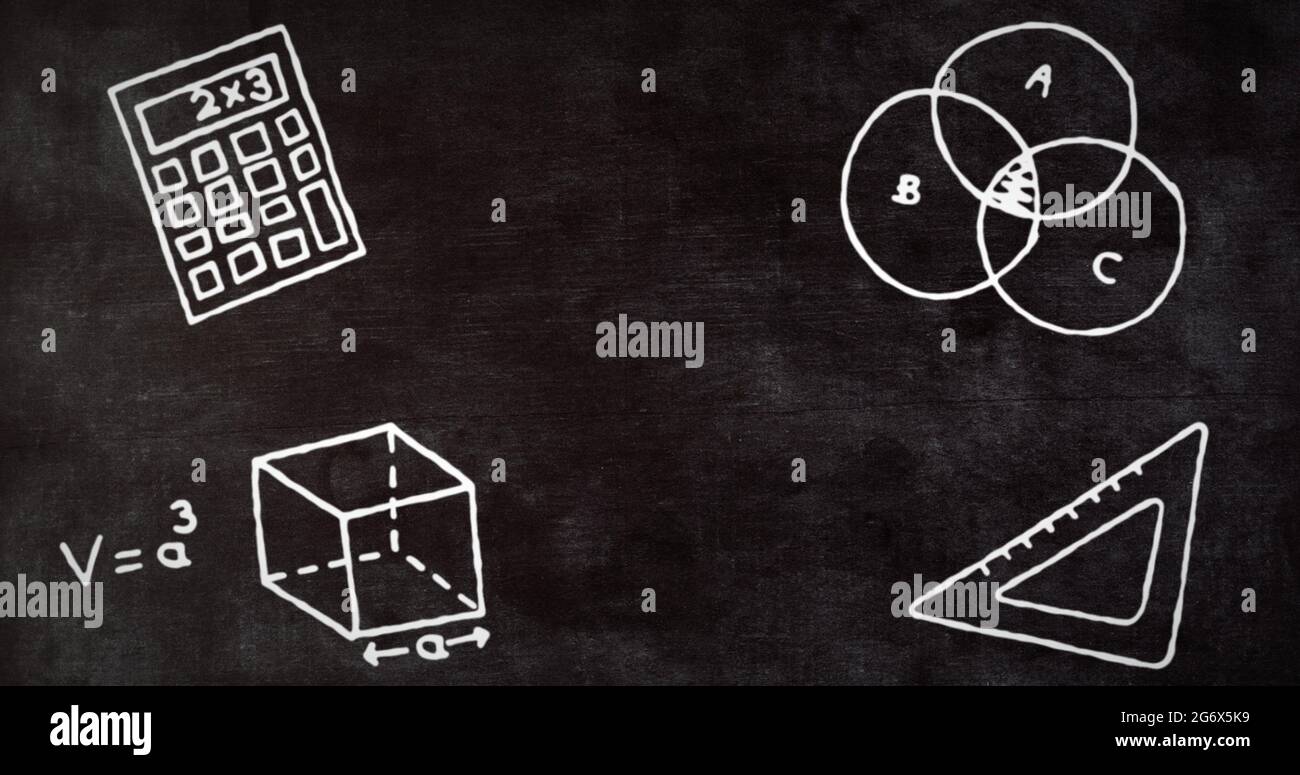 Image of multiple white mathematics pictograms on a black background ...