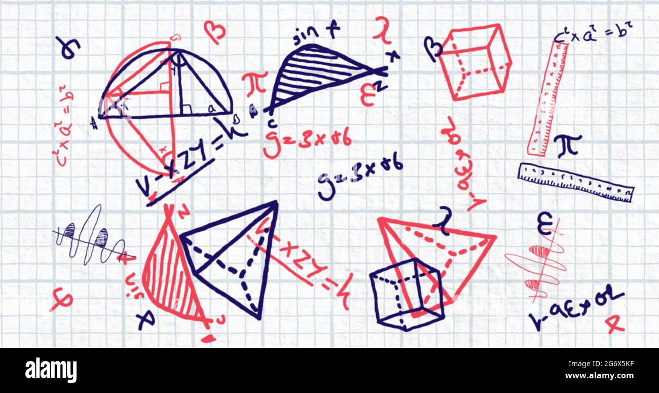 Mathematical equations and geometric shapes moving against square lined ...