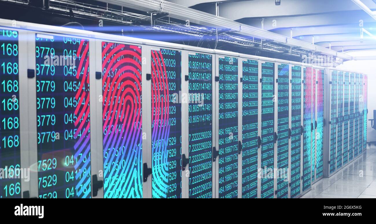 Fingerprint scanner and data processing over server room Stock Photo ...