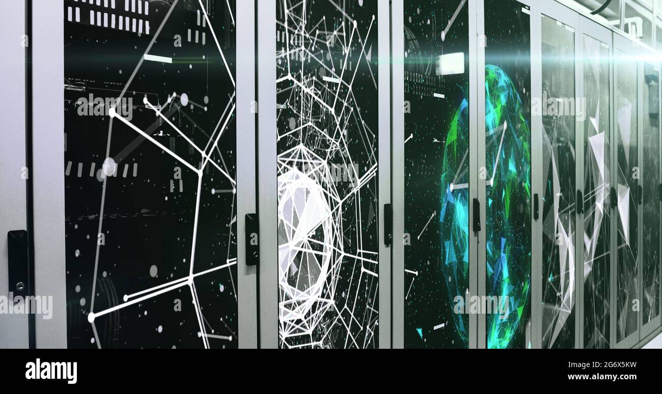 Network of connections forming a globe over server room Stock Photo - Alamy