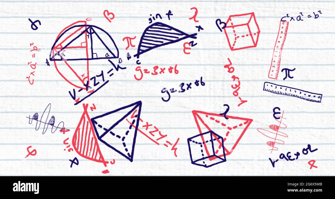Mathematical equations and geometrical shapes moving against white ...