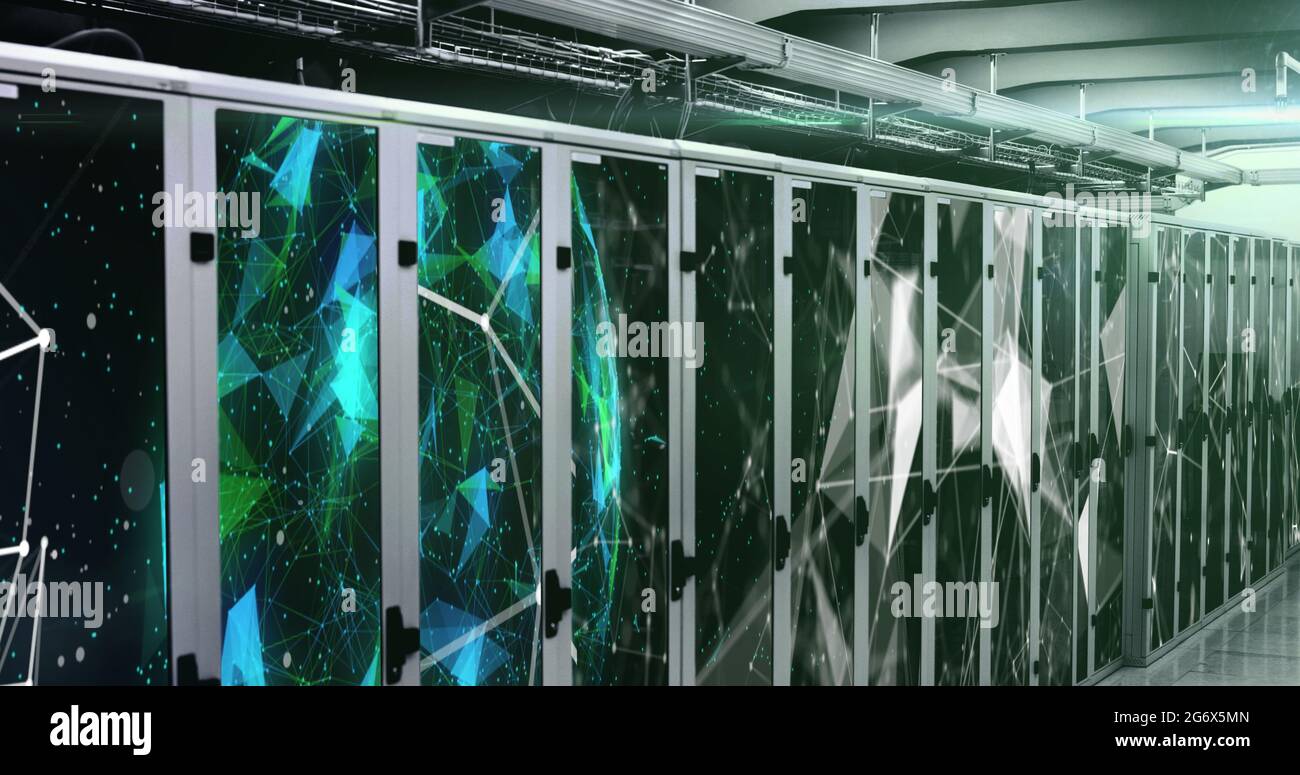 Network of connections forming a globe over server room Stock Photo - Alamy