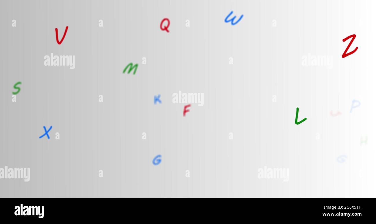 Random letters with colors blue, green, red move towards the left in a ...