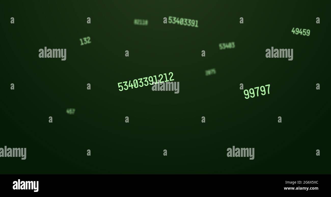 Sets of numbers changing at a fast pace floating upwards in vast empty ...