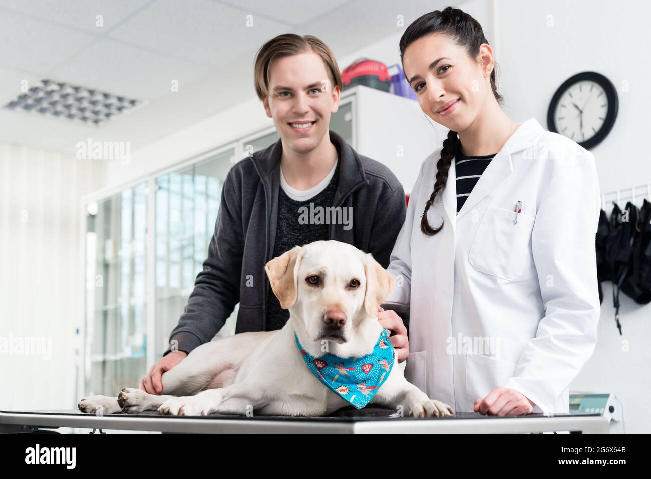 Portrait of a smiling veterinarian with dog in clinic Stock Photo - Alamy