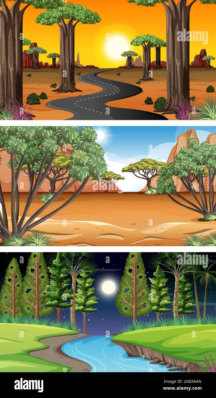Different types of forest horizontal scenes illustration Stock Vector ...