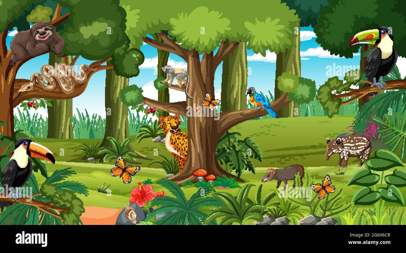 Forest at daytime scene with different wild animals illustration Stock ...