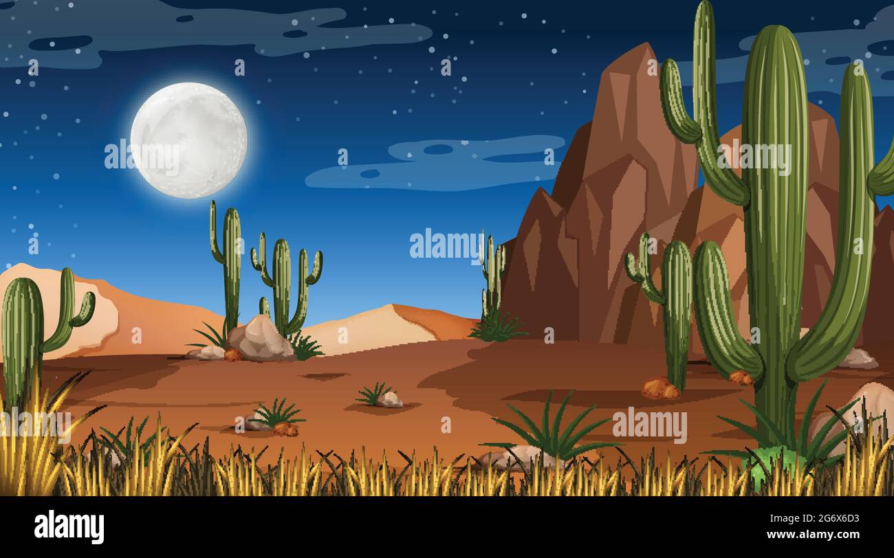 Desert forest landscape at night scene with many cactus illustration Stock Vector Image & Art ...