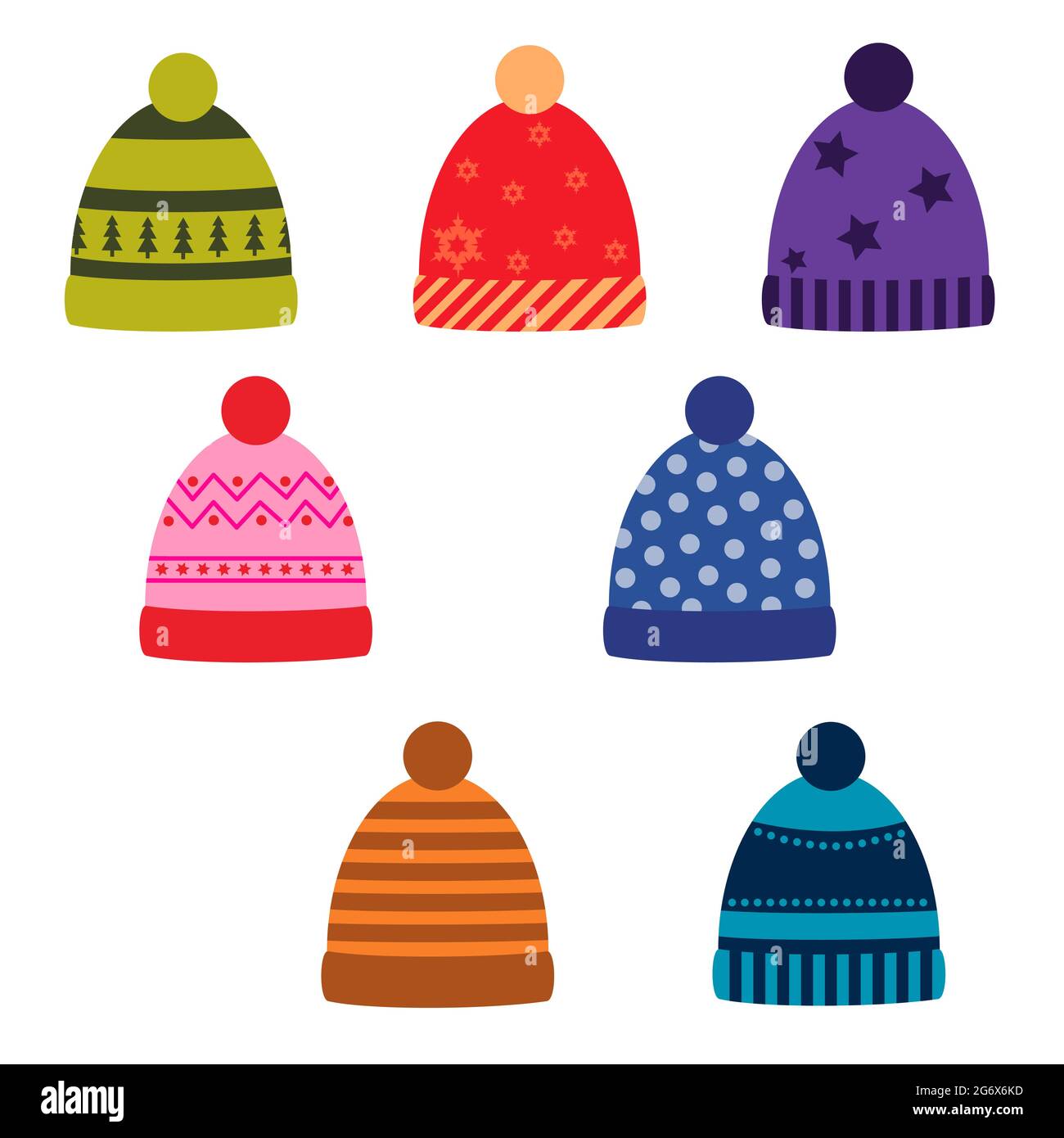 a set of winter colored hats with a pattern. vector isolated on a white ...