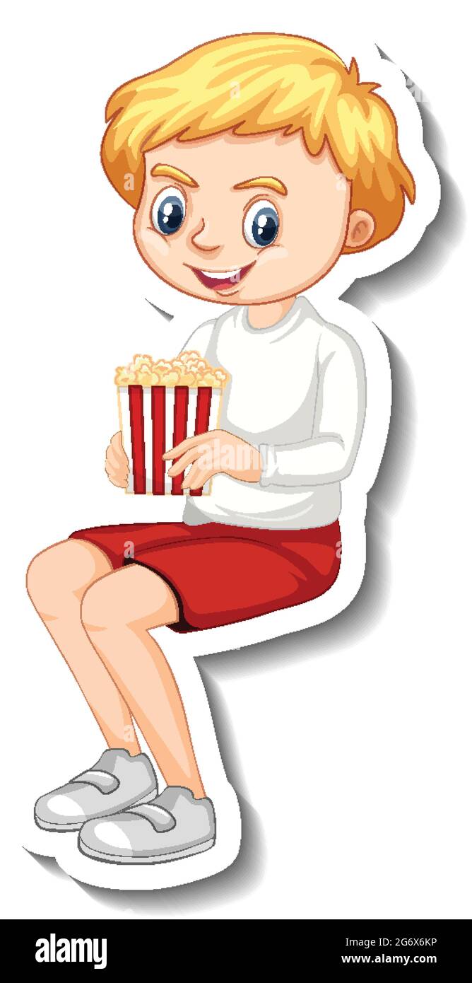 Sticker design with character of a boy sitting and eating popcorn ...