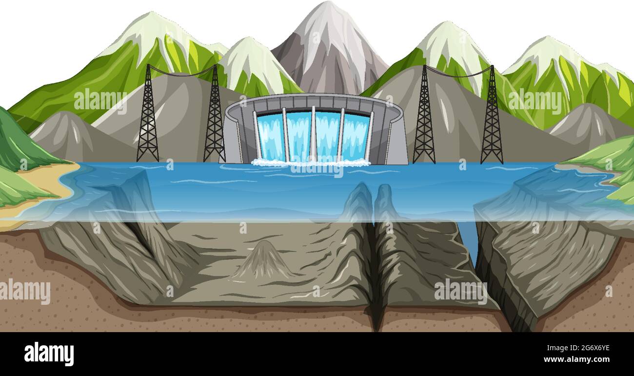 Nature scene landscape with underwater of dam illustration Stock Vector ...
