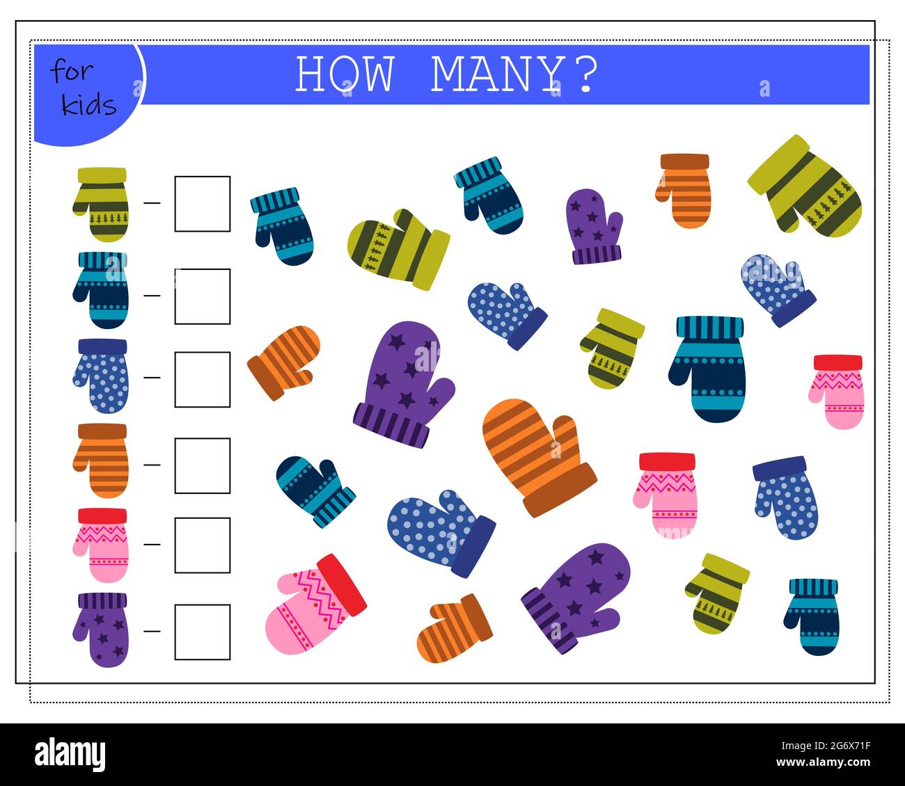Math game for kids. worksheet count how many mittens. vector isolated ...