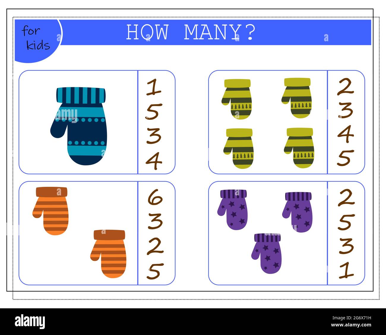Math game for kids. count how many mittens. vector isolated on a white ...